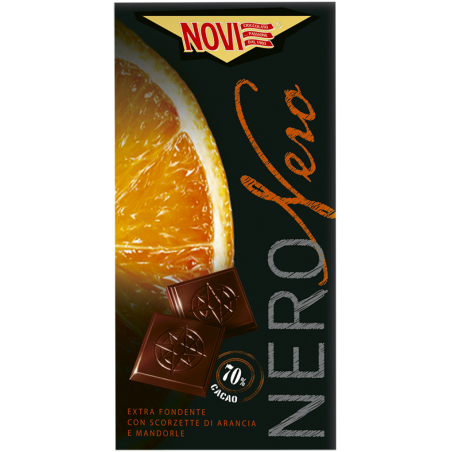 Cioccolato Novi, fondente con scorzette d'arancia e mandorle